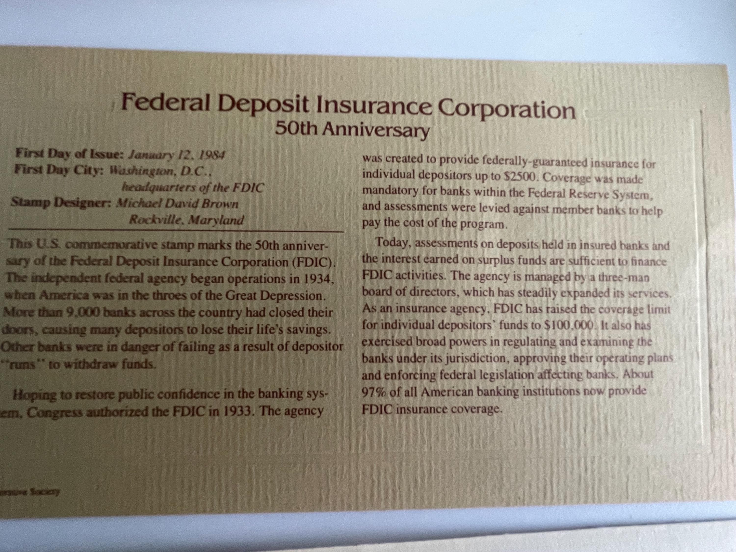 FDIC Federal Deposit Insurance Corporation 20-cent Postage Stamp & 22K ...