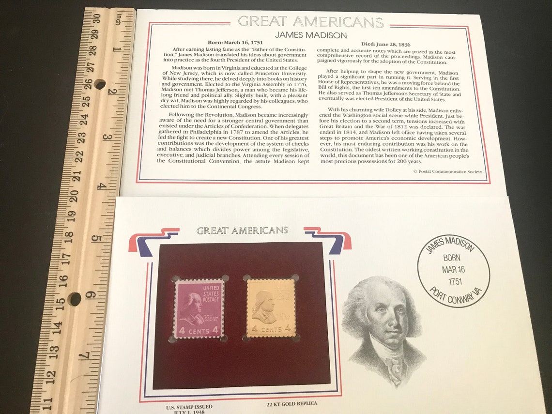 1938 James Madison 4-cent Stamp Mint Condition & 22K Gold - Etsy