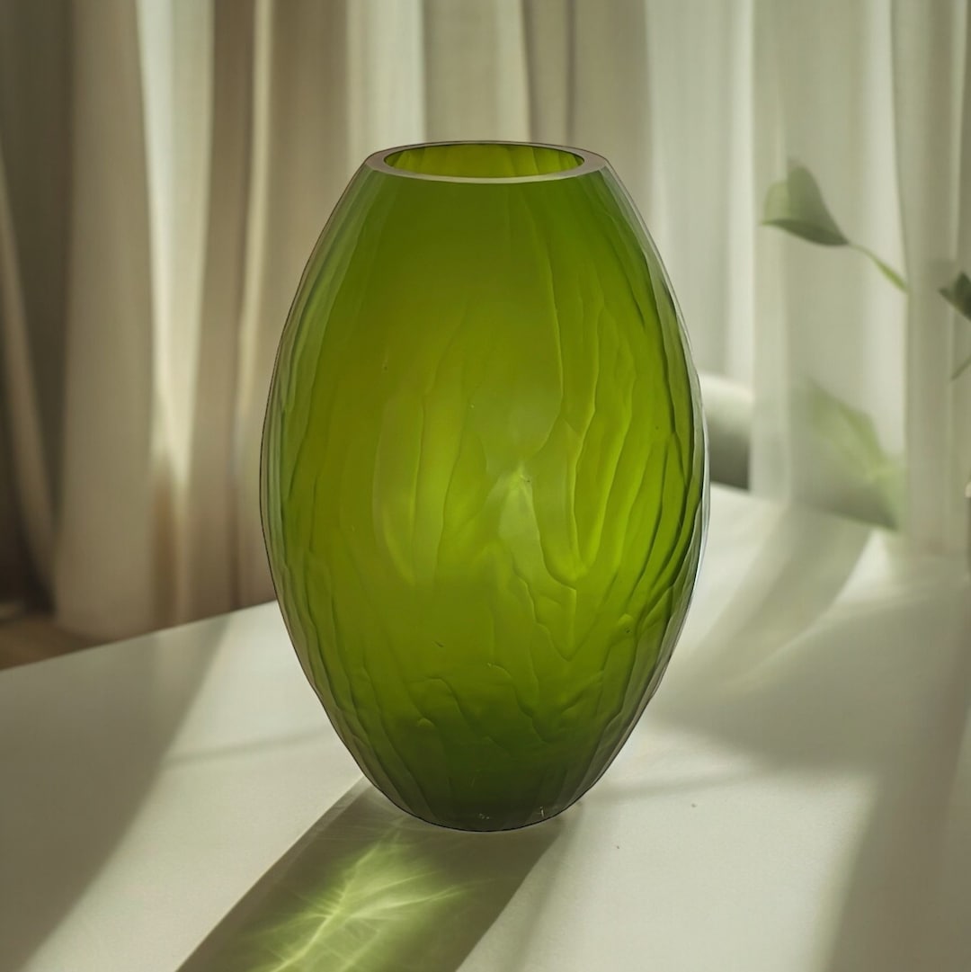 Stunning Large Green Glass Vase With Etched Finish - Etsy