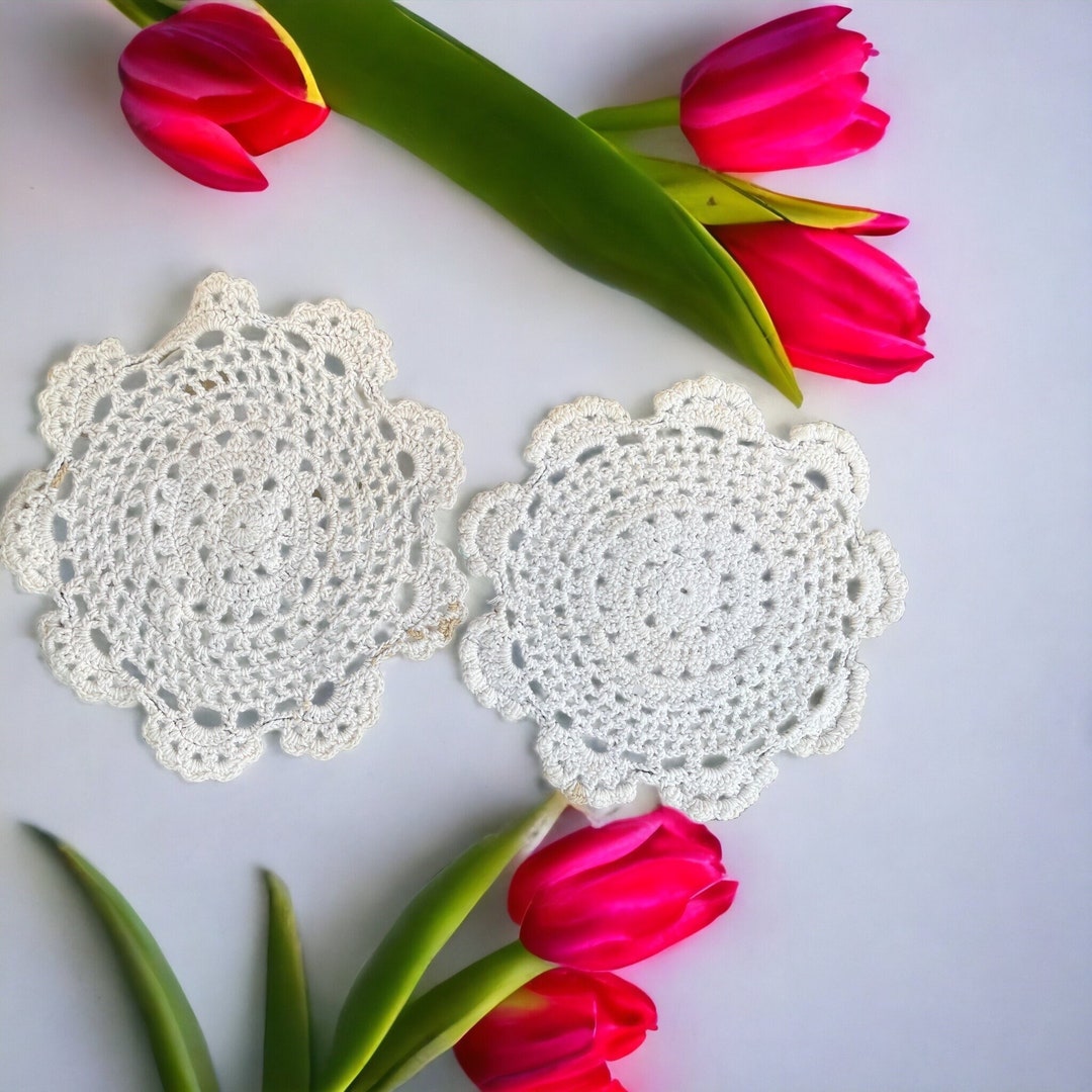 Set of Two Small 5 and One-half Inch White Round Vintage Crocheted ...
