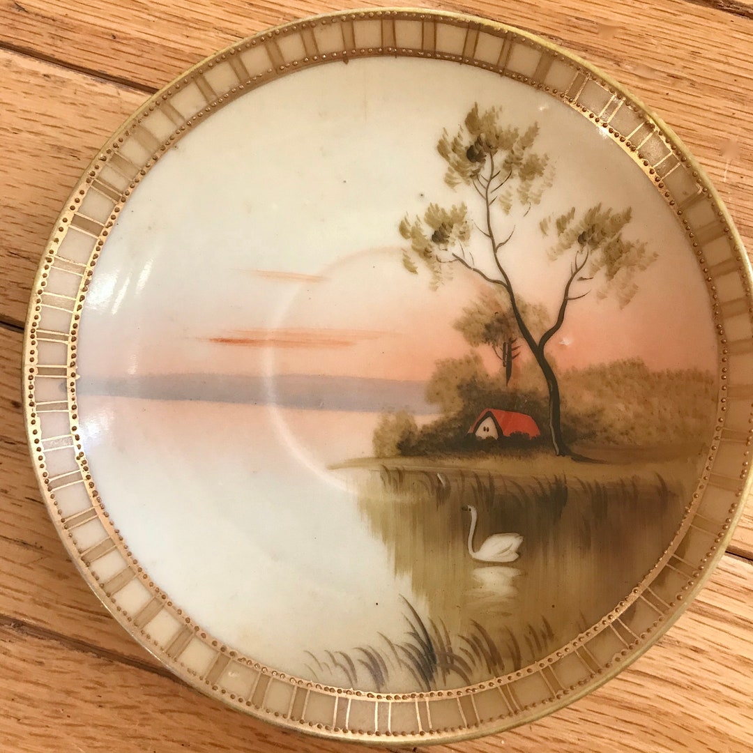 Stunning Signed Nippon Small Handpainted Dish - With Lake and Swan - Etsy