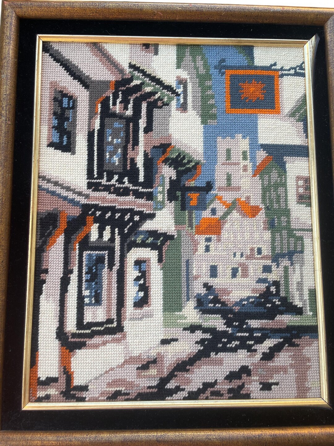 Vintage Framed Needlepoint City Street Scene – Hand-stitched European ...