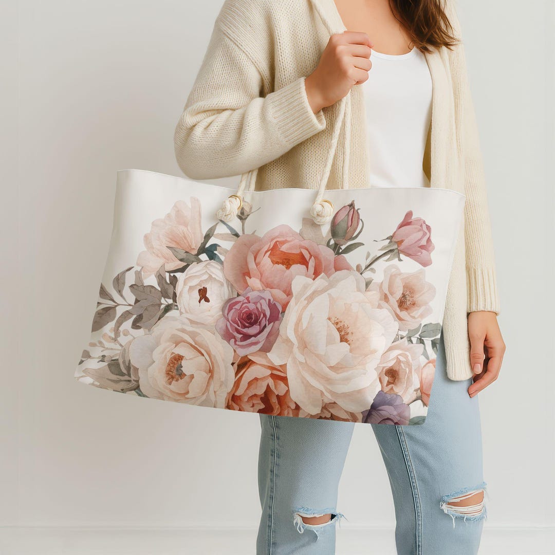 Ivory Floral Weekender Bag, Blush Rose Travel Tote, Large Canvas ...