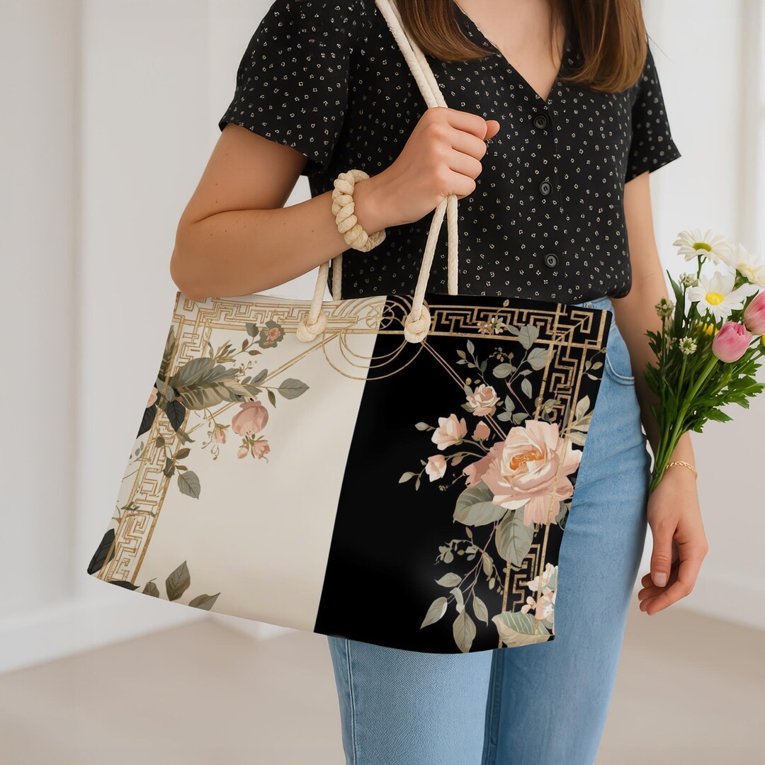 Floral Weekender Bag, Black and Ivory Rose Travel Tote, Gold Geometric ...