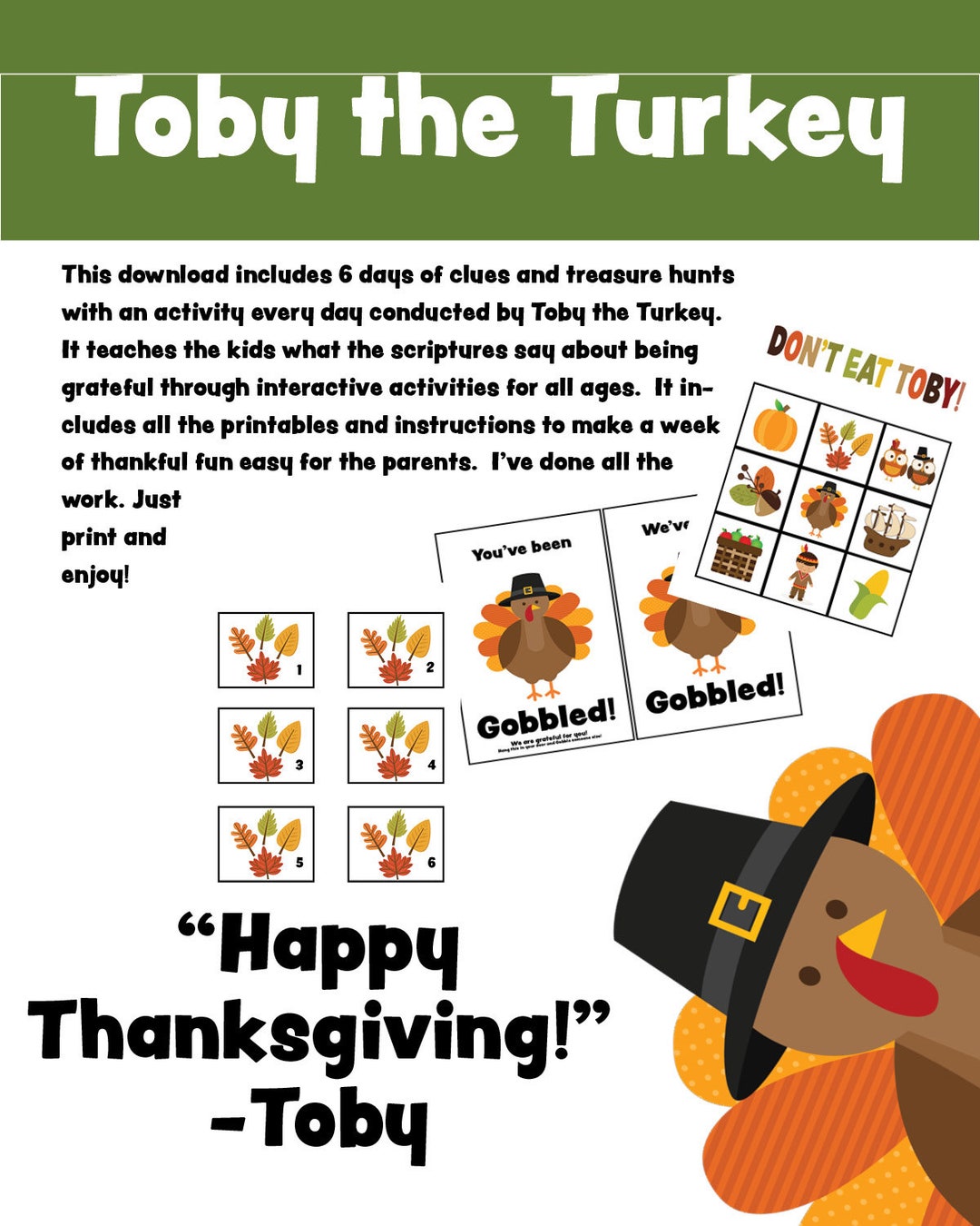 Thanksgiving: Toby the Turkey - 6 Days of Scavenger Hunts - Bible - Etsy