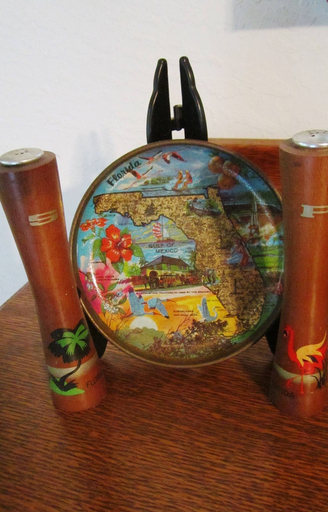 Vintage FLORIDA Souvenir Items salt & Pepper Shakers Wood Metal Tray ...
