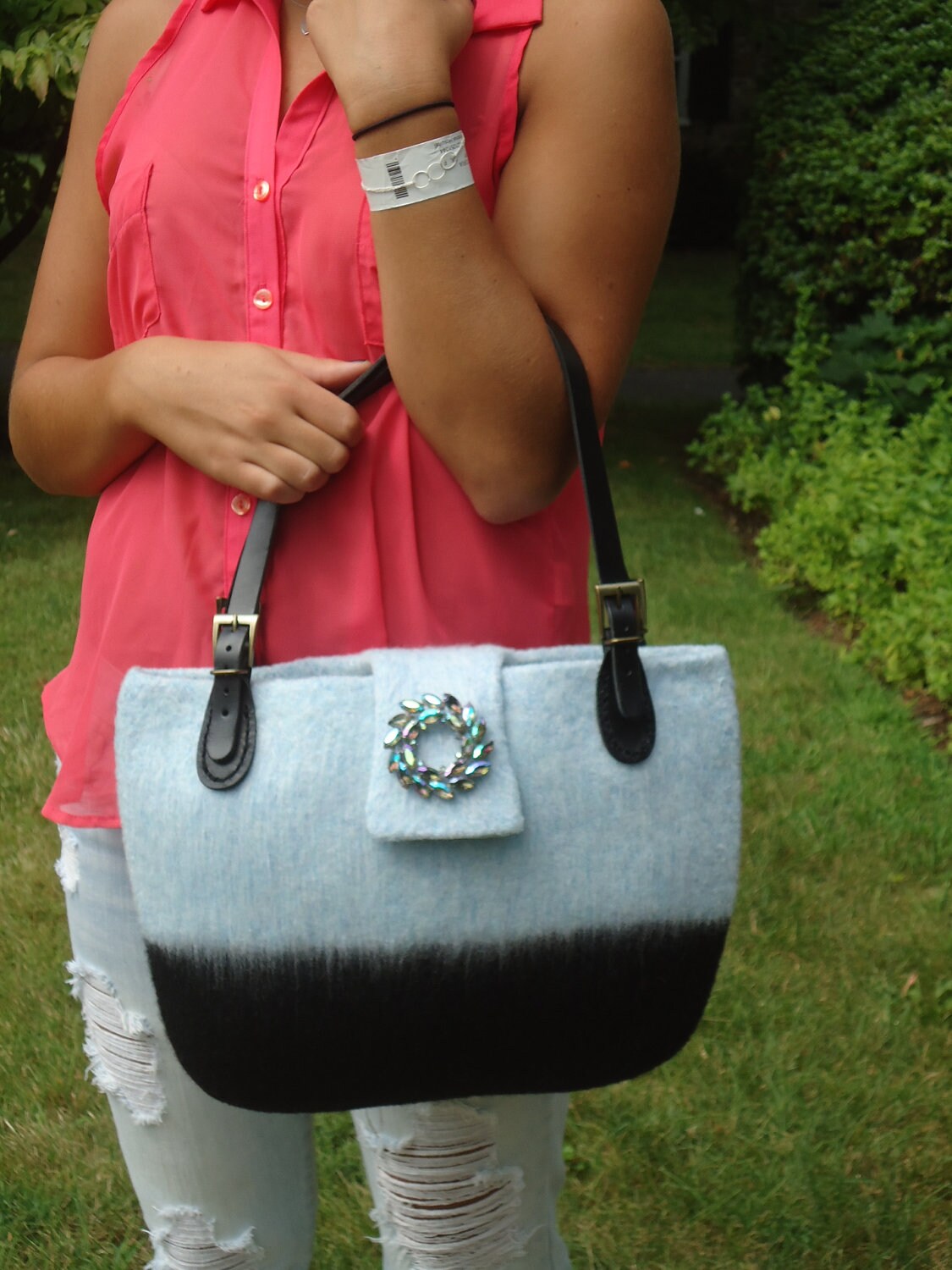 Large Handbag Purse Wool Hand Knit Felt Blue and Black Leather - Etsy