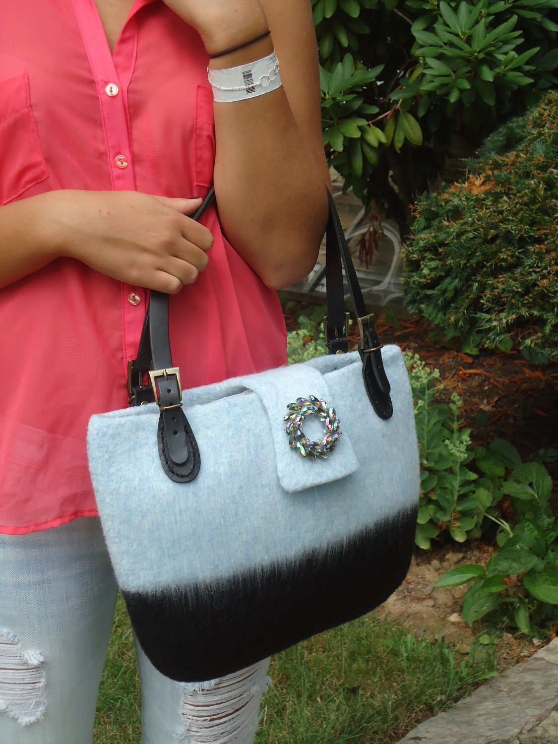 Large Handbag Purse Wool Hand Knit Felt Blue and Black Leather - Etsy