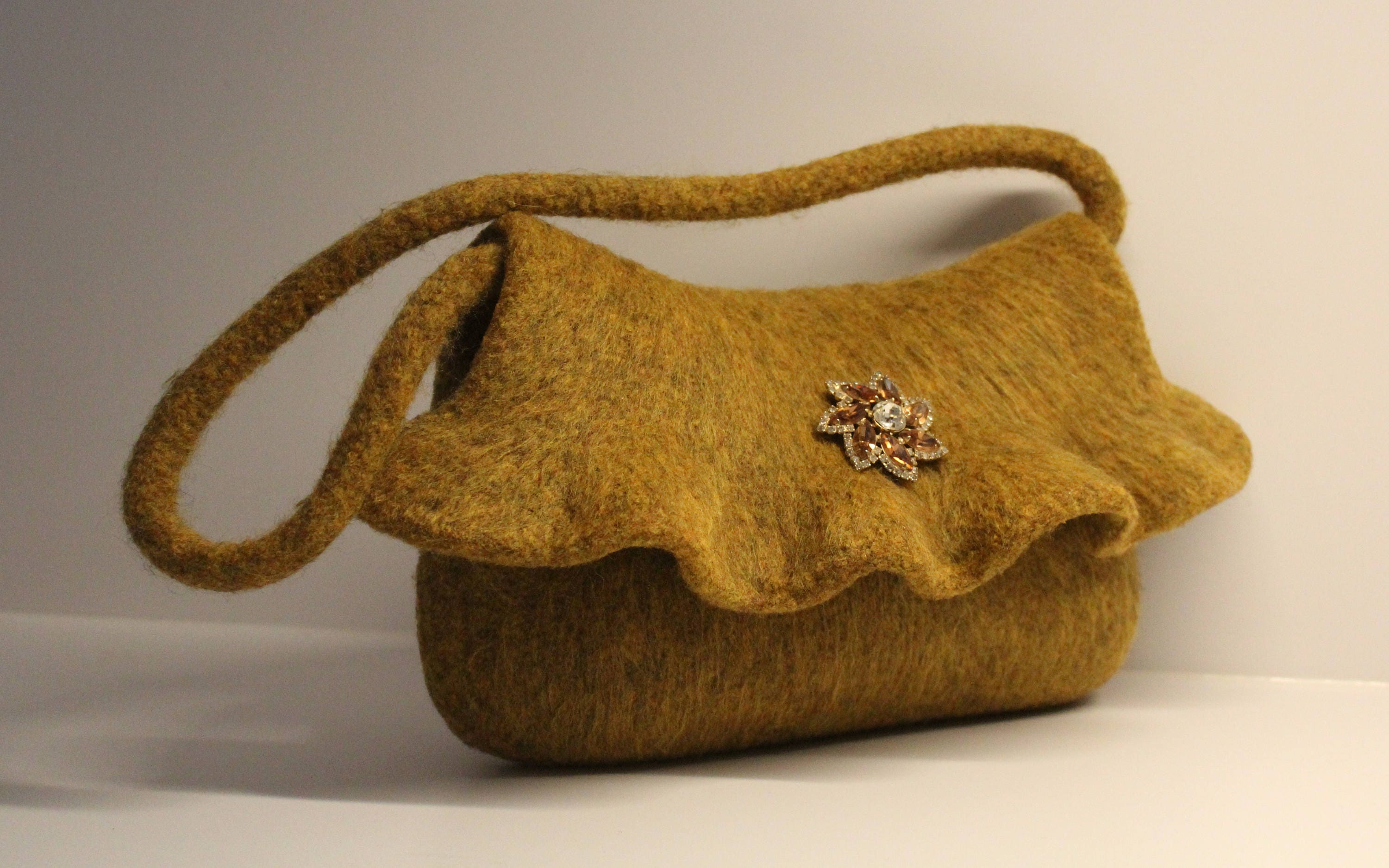Straw, Heather Gold Wool Felt Purse, Hand Knit Wet Felt, Ruffled Front ...