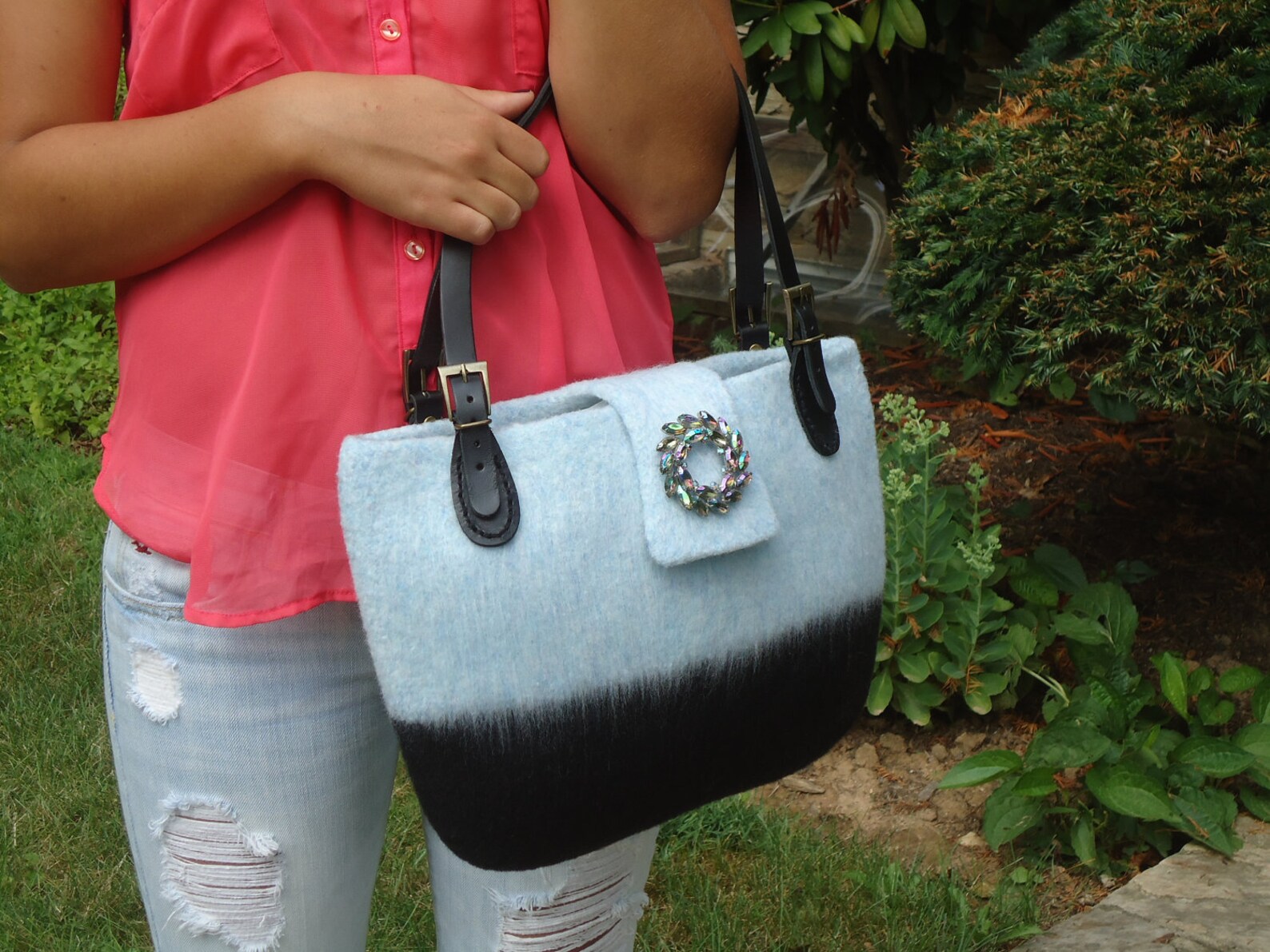 Large Handbag Purse Wool Hand Knit Felt Blue and Black Leather - Etsy