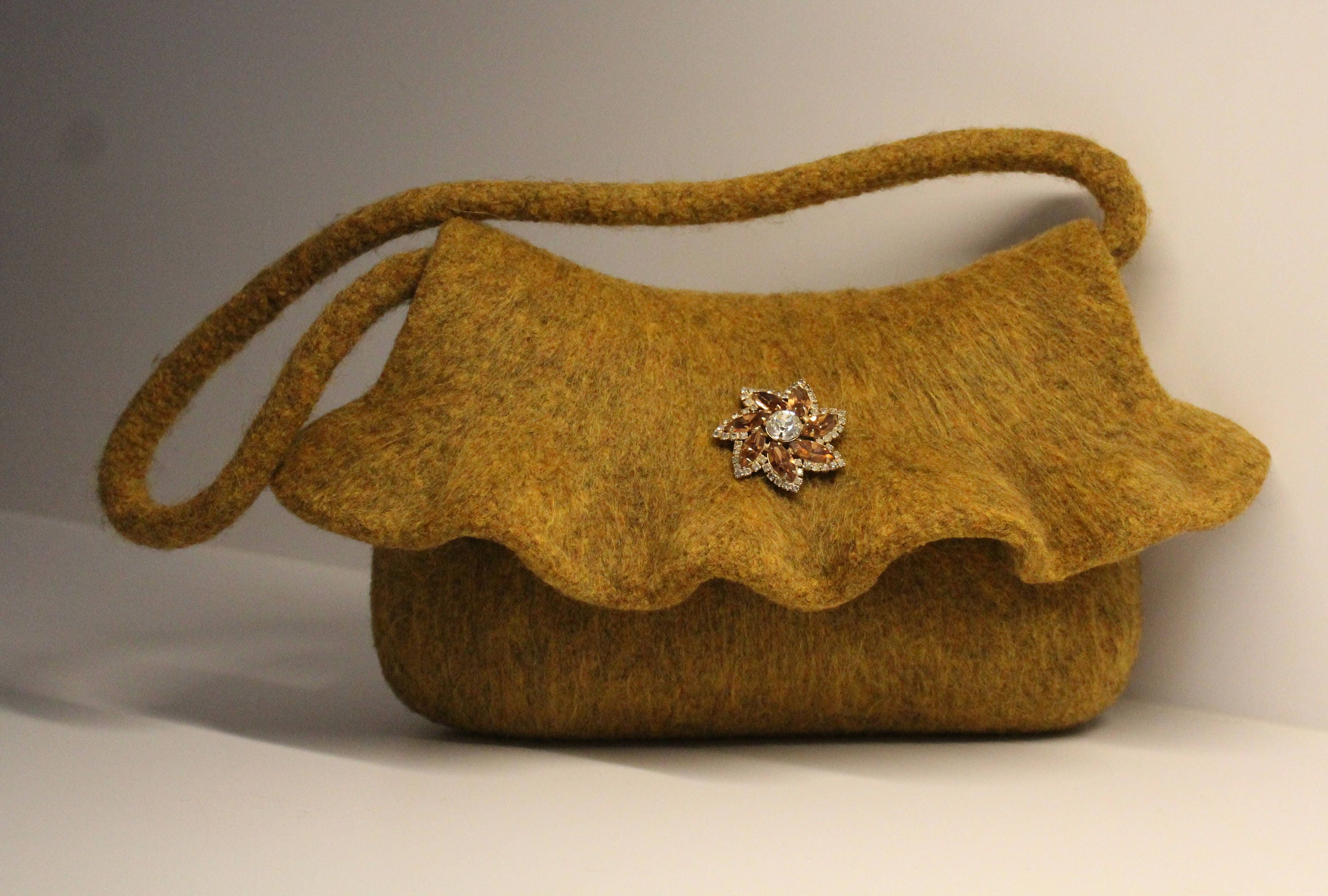 Straw, Heather Gold Wool Felt Purse, Hand Knit Wet Felt, Ruffled Front ...