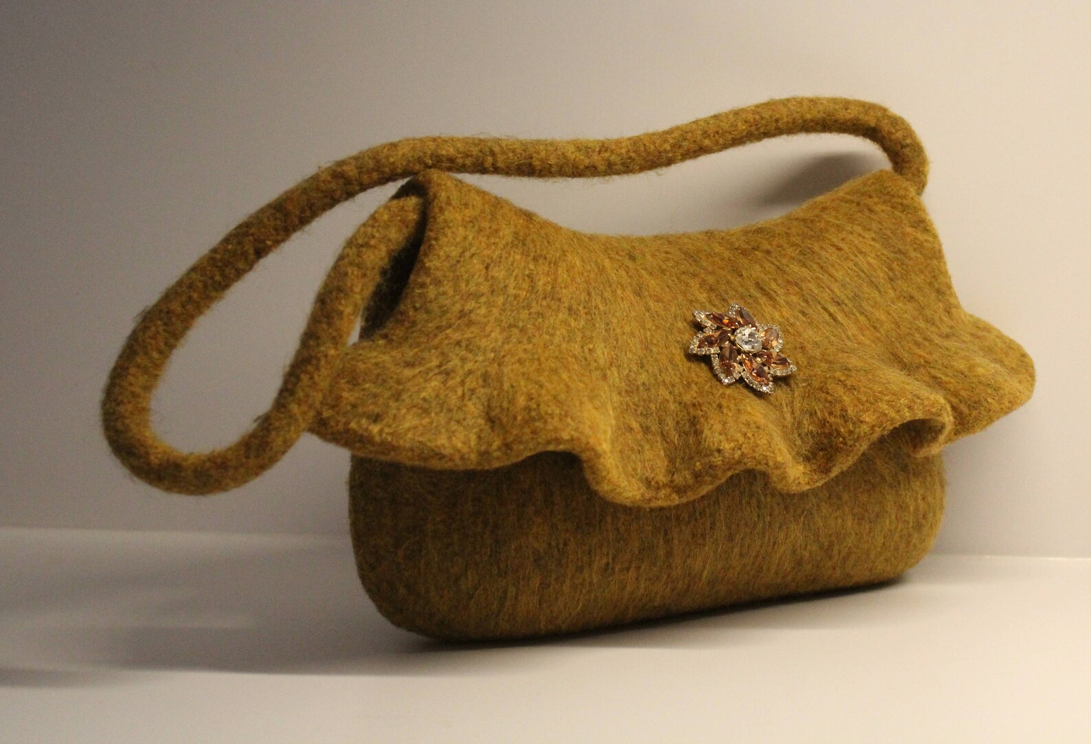 Straw, Heather Gold Wool Felt Purse, Hand Knit Wet Felt, Ruffled Front ...