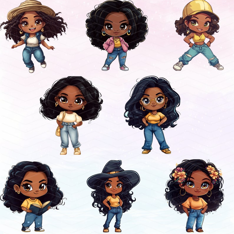 Clipart Black Girl — Set of 8, Cartoon Girl, Planner Girl Clipart ...