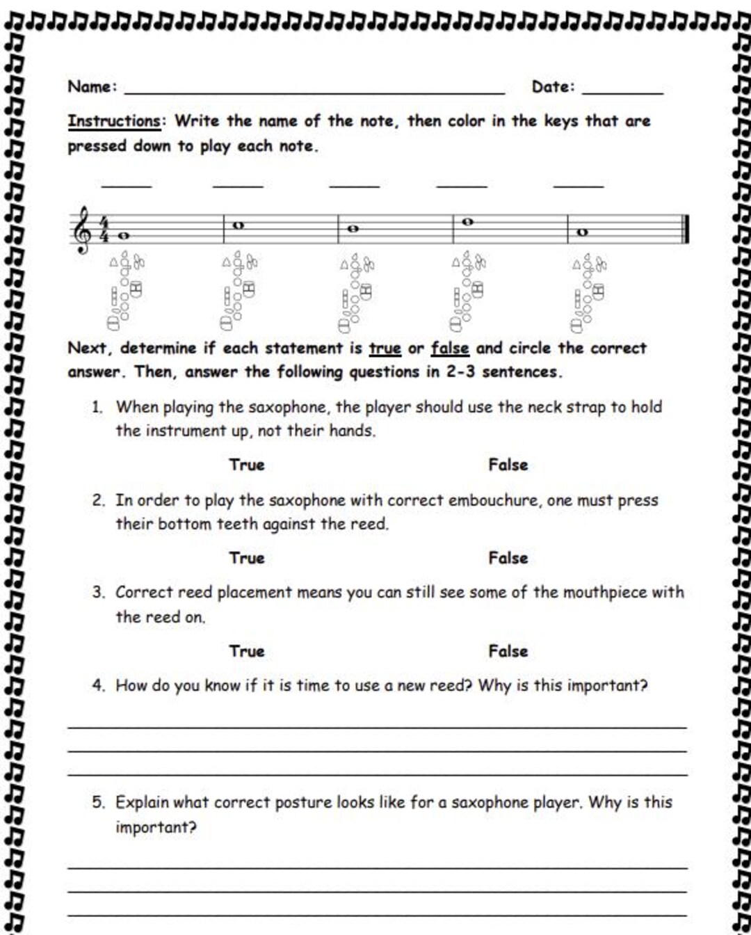 Saxophone Five Note Scale Fingerings Worksheet - Etsy