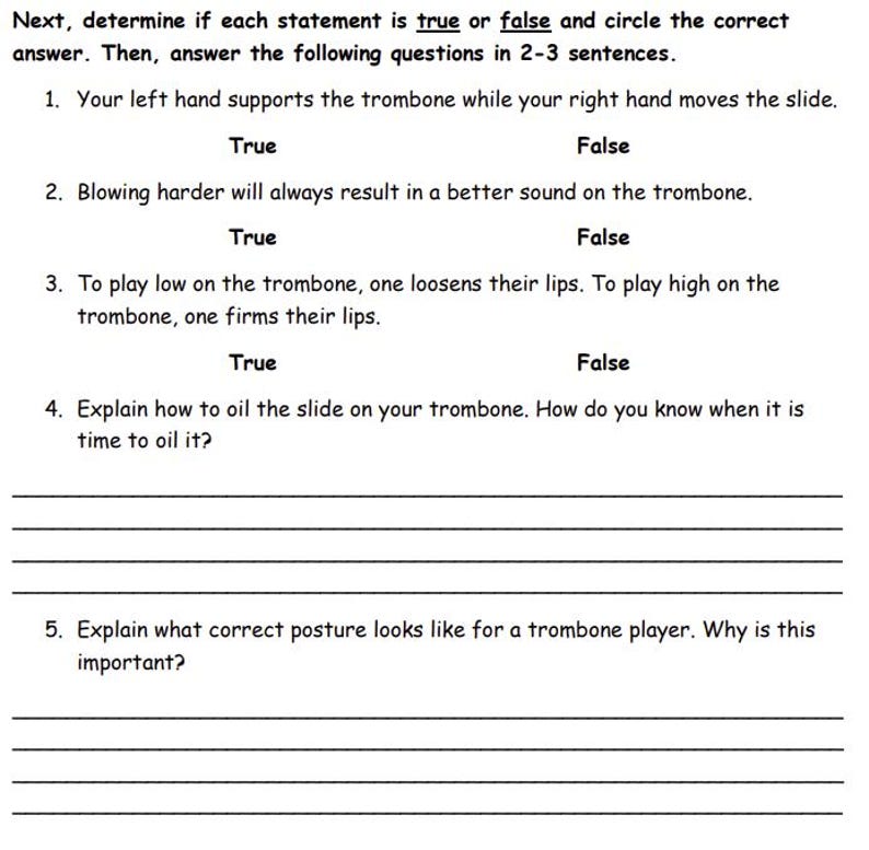 Trombone Five Note Scale Worksheet - Etsy
