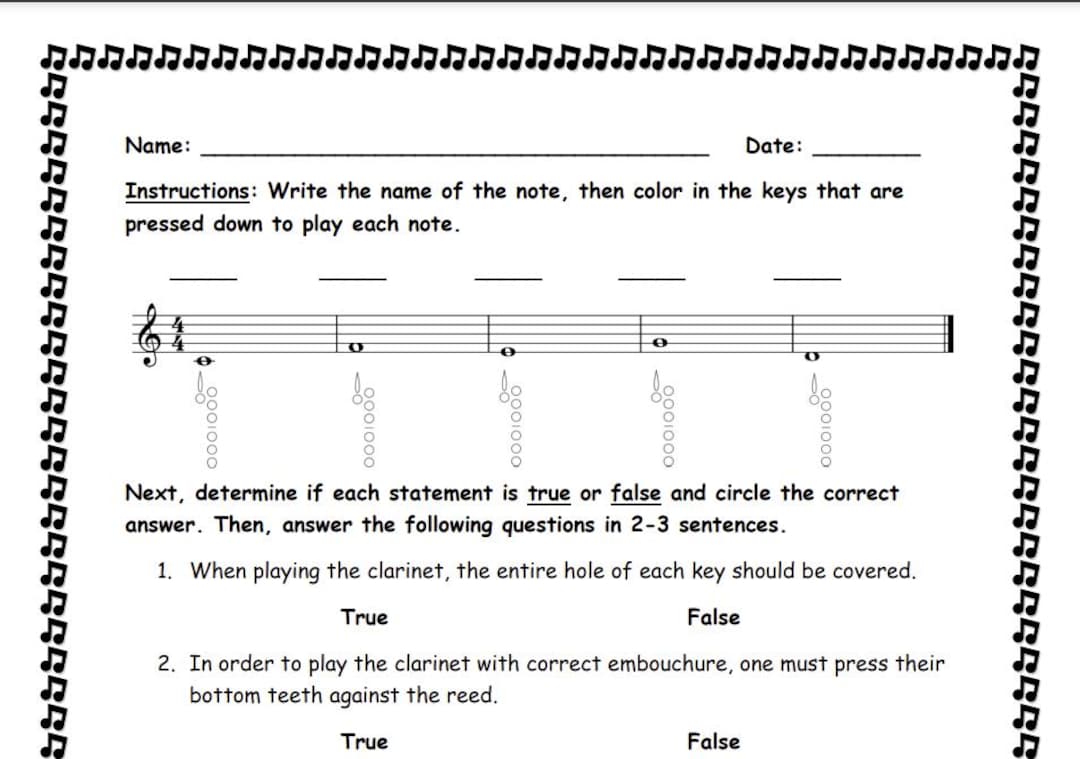 Clarinet Five Note Scale Fingering Worksheet - Etsy
