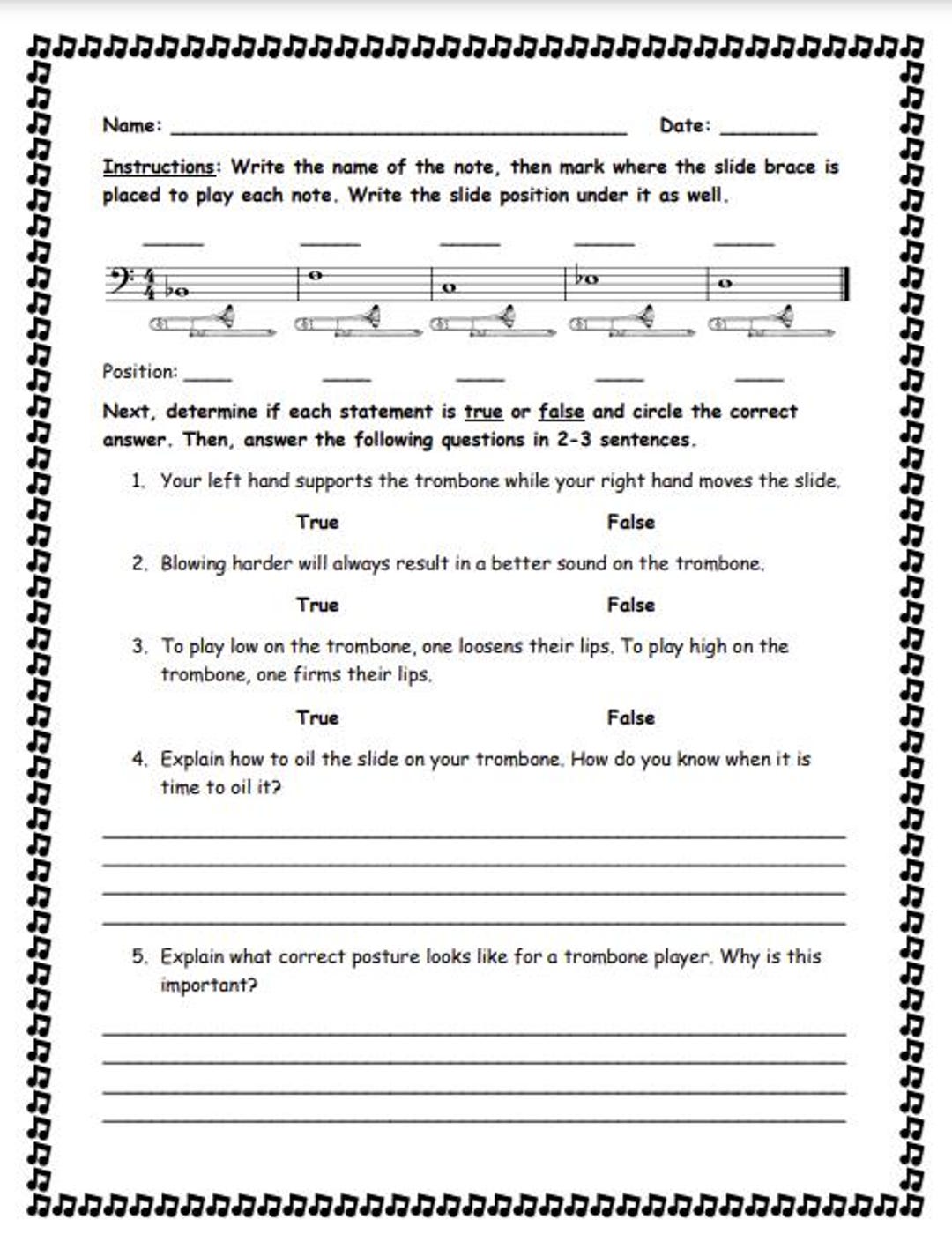 Trombone Five Note Scale Worksheet - Etsy