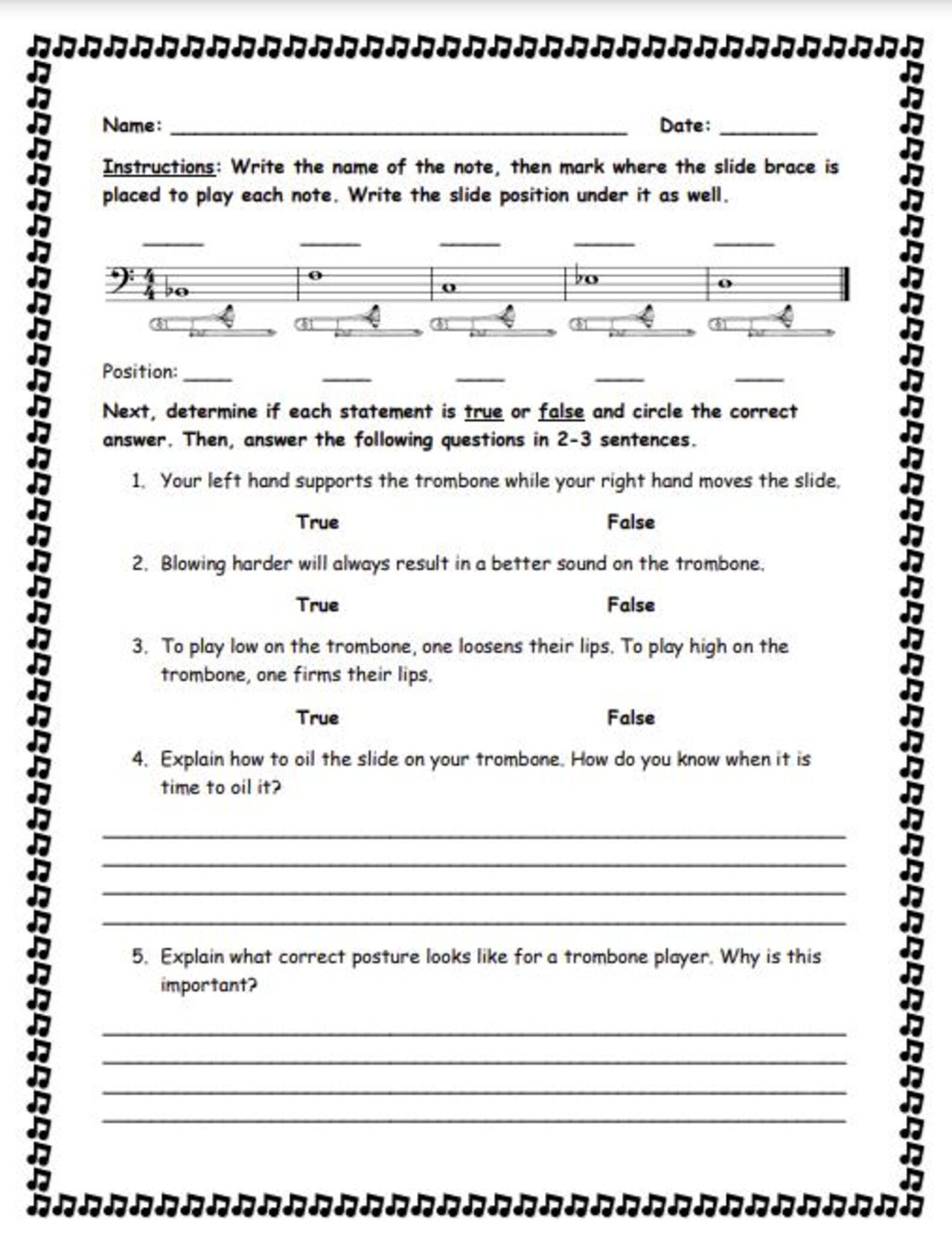 Trombone Five Note Scale Worksheet - Etsy
