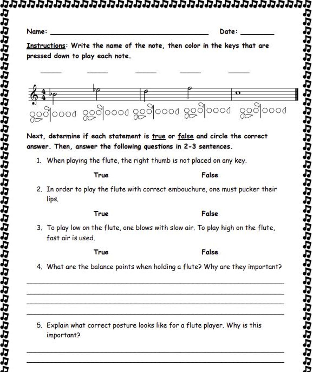 Flute Five Note Scale Beginner Worksheet - Etsy