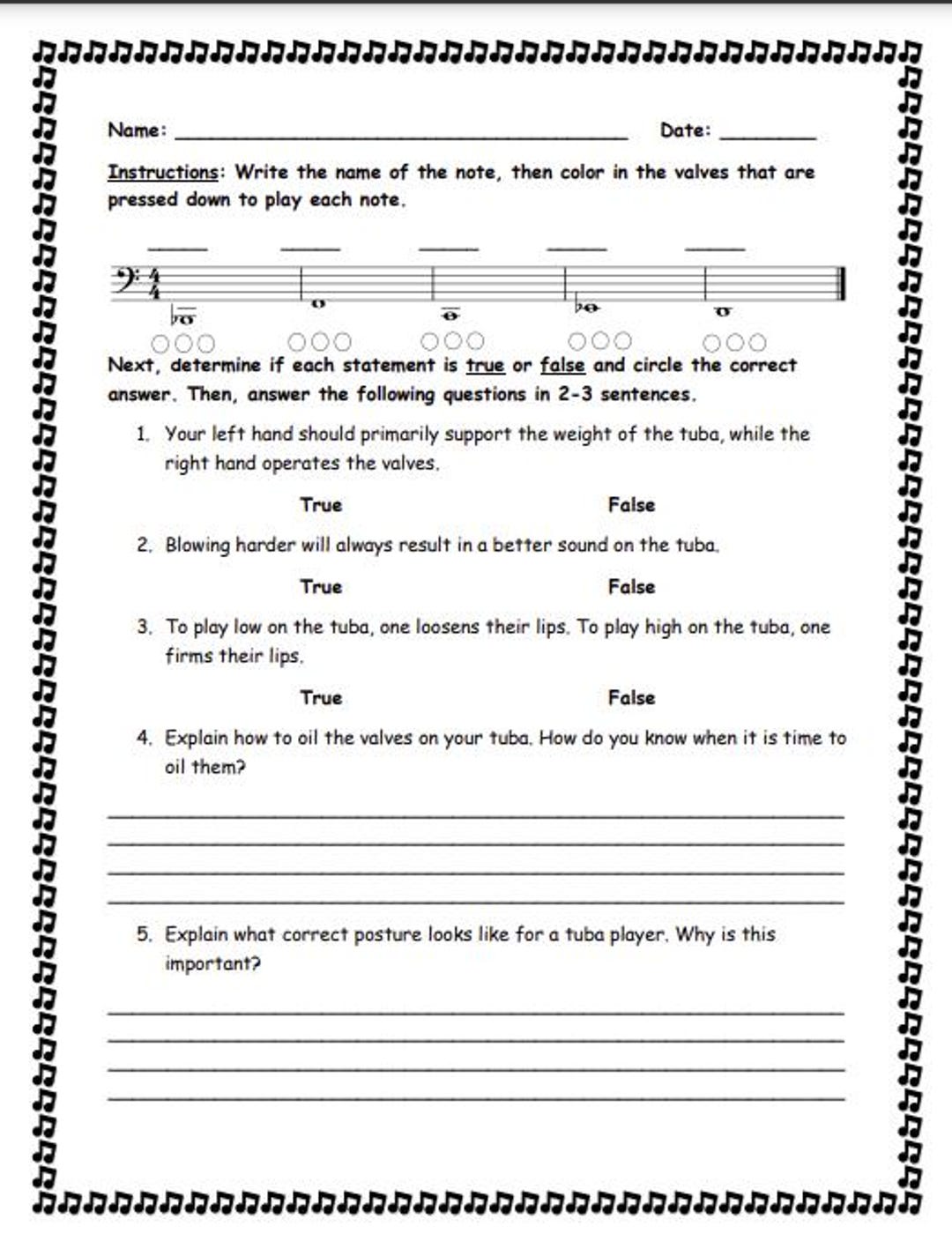 Tuba Five Note Scale Fingerings Worksheet - Etsy