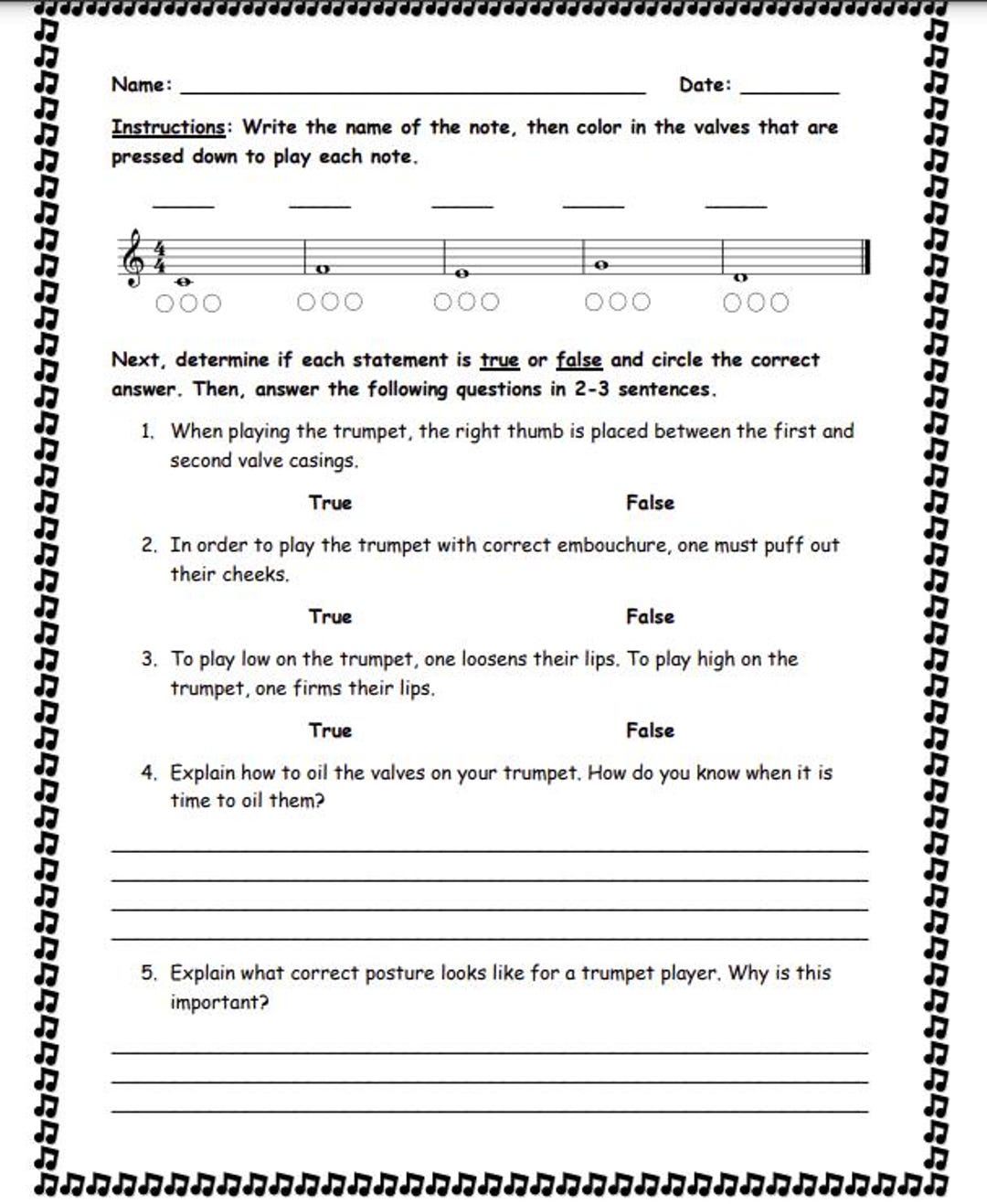 Trumpet Five Note Scale Beginner Worksheet - Etsy