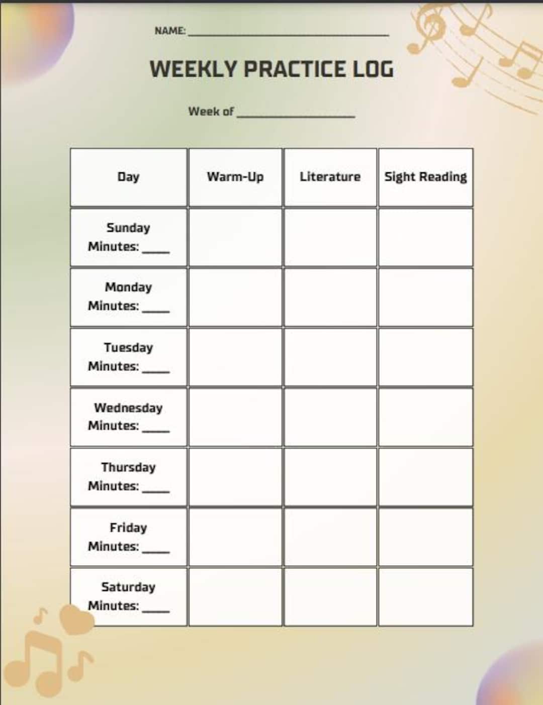 Weekly Practice Log for Music Teachers - Etsy