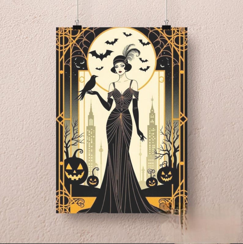 Art Deco Halloween Wall Art Print, Gothic Flapper Lady With Raven ...