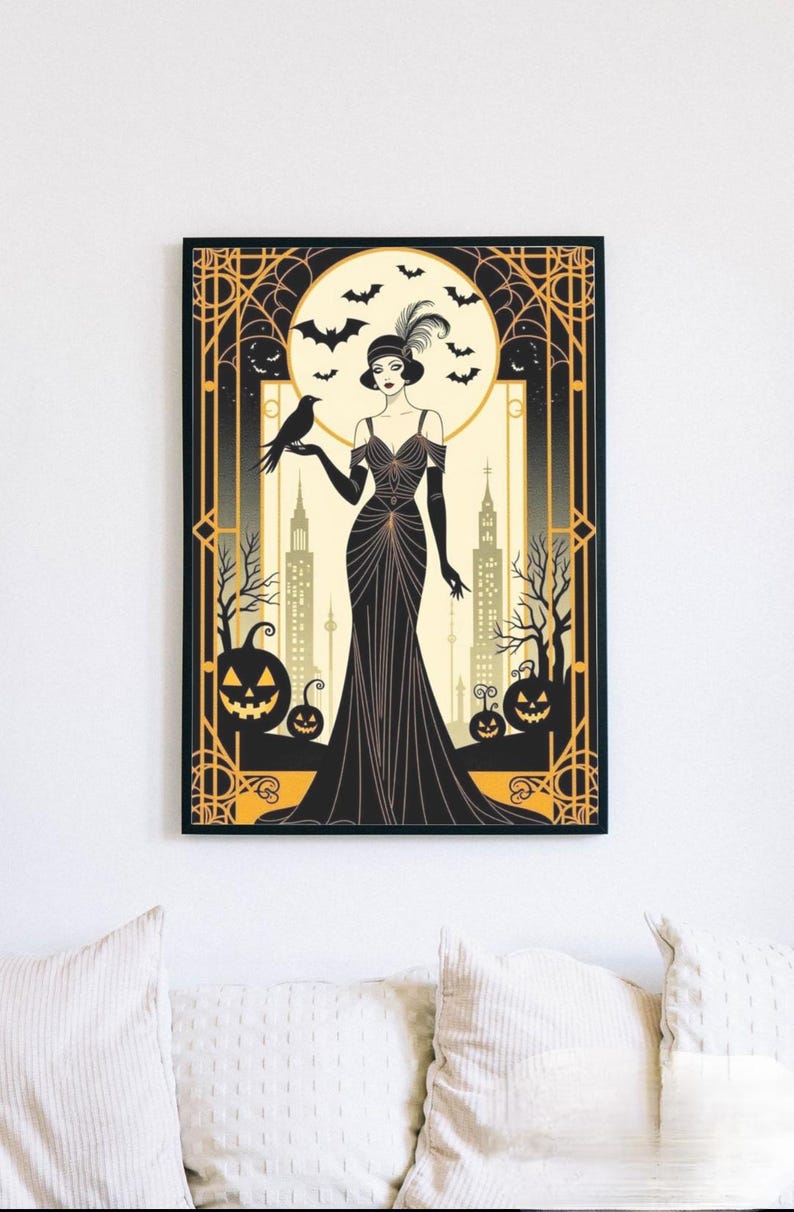 Art Deco Halloween Wall Art Print, Gothic Flapper Lady With Raven ...