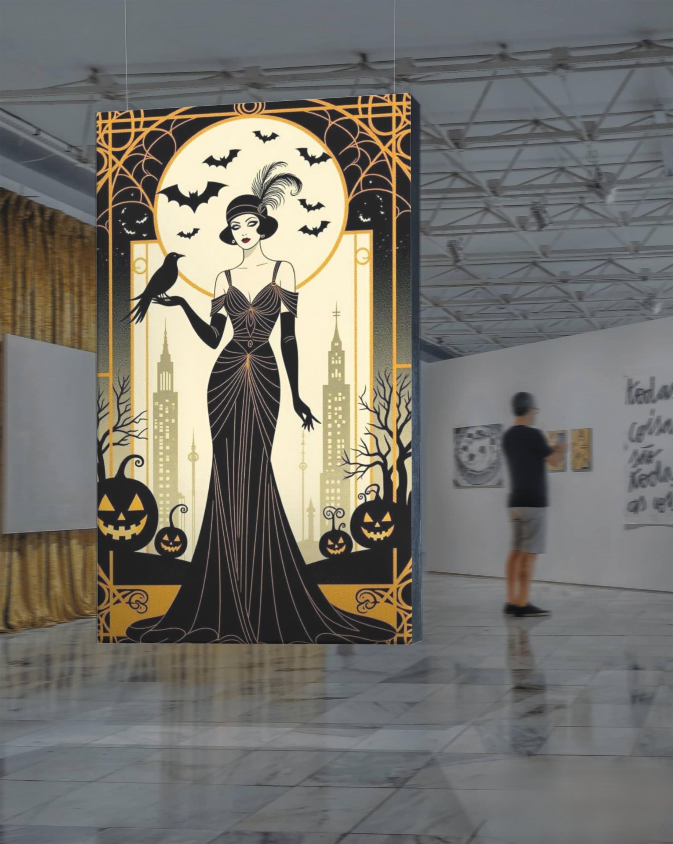 Art Deco Halloween Wall Art Print, Gothic Flapper Lady With Raven ...
