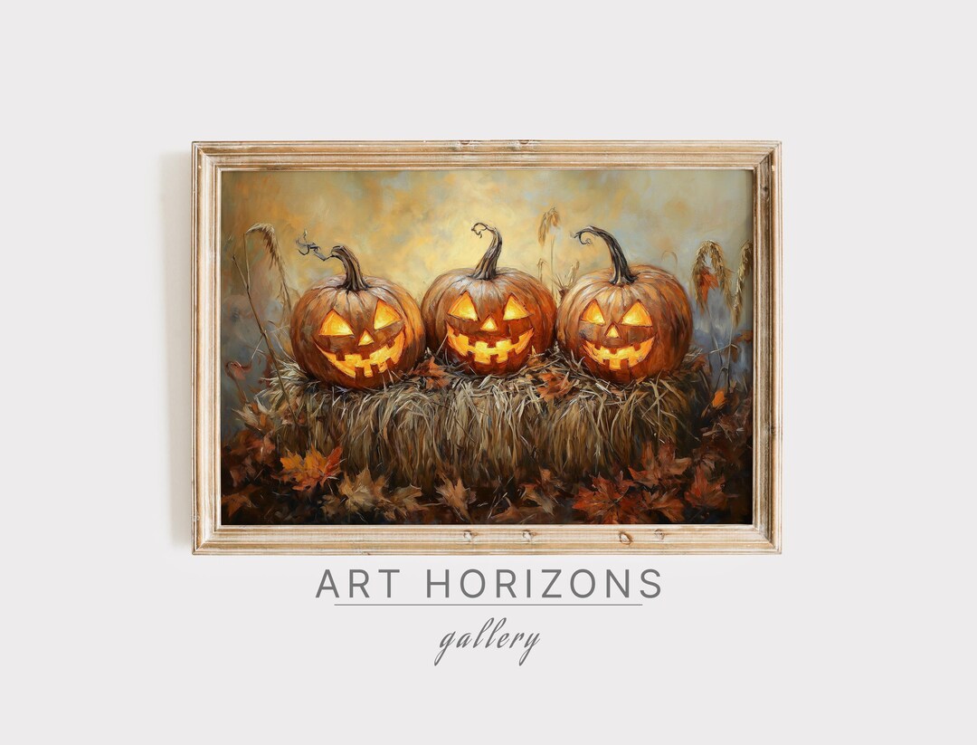 Three Pumpkin Halloween Printable Wall Art Oil Painting Style Autumn ...