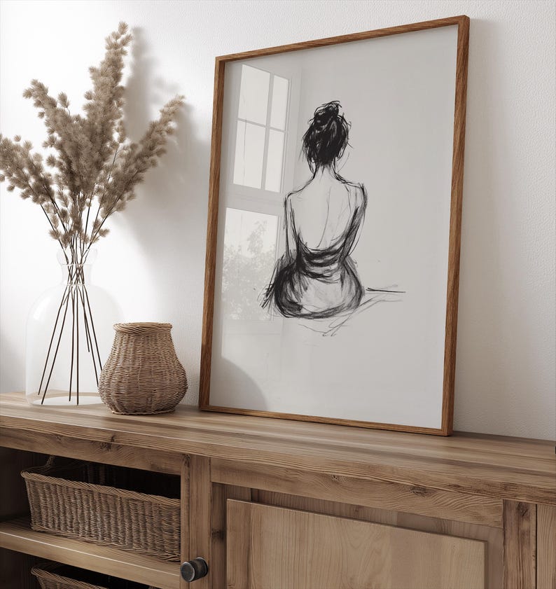 Vintage Young Woman Sketch Wall Art Printable Female Figure Pencil Line ...