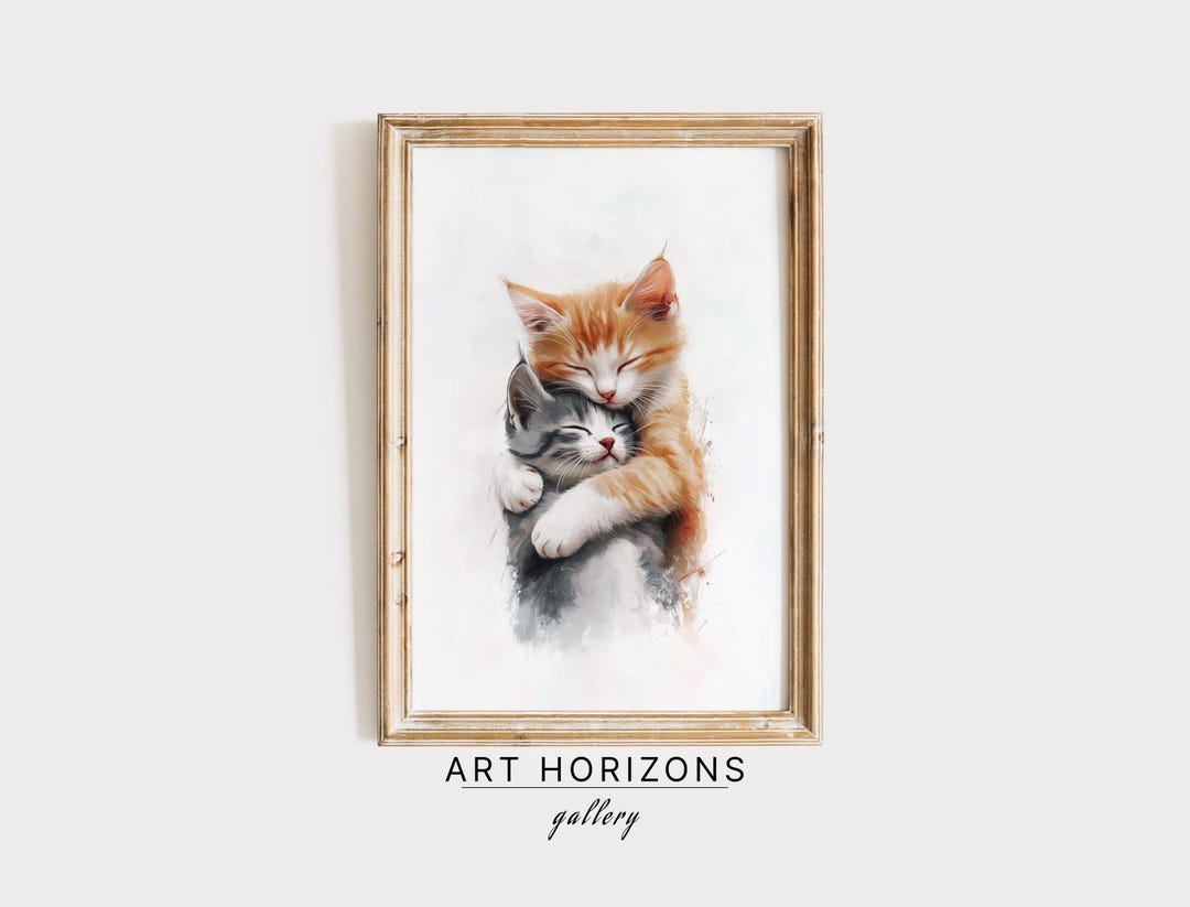 Two Cats Abstract Oil Painting Wall Art Print, Vintage Gray & Orange ...