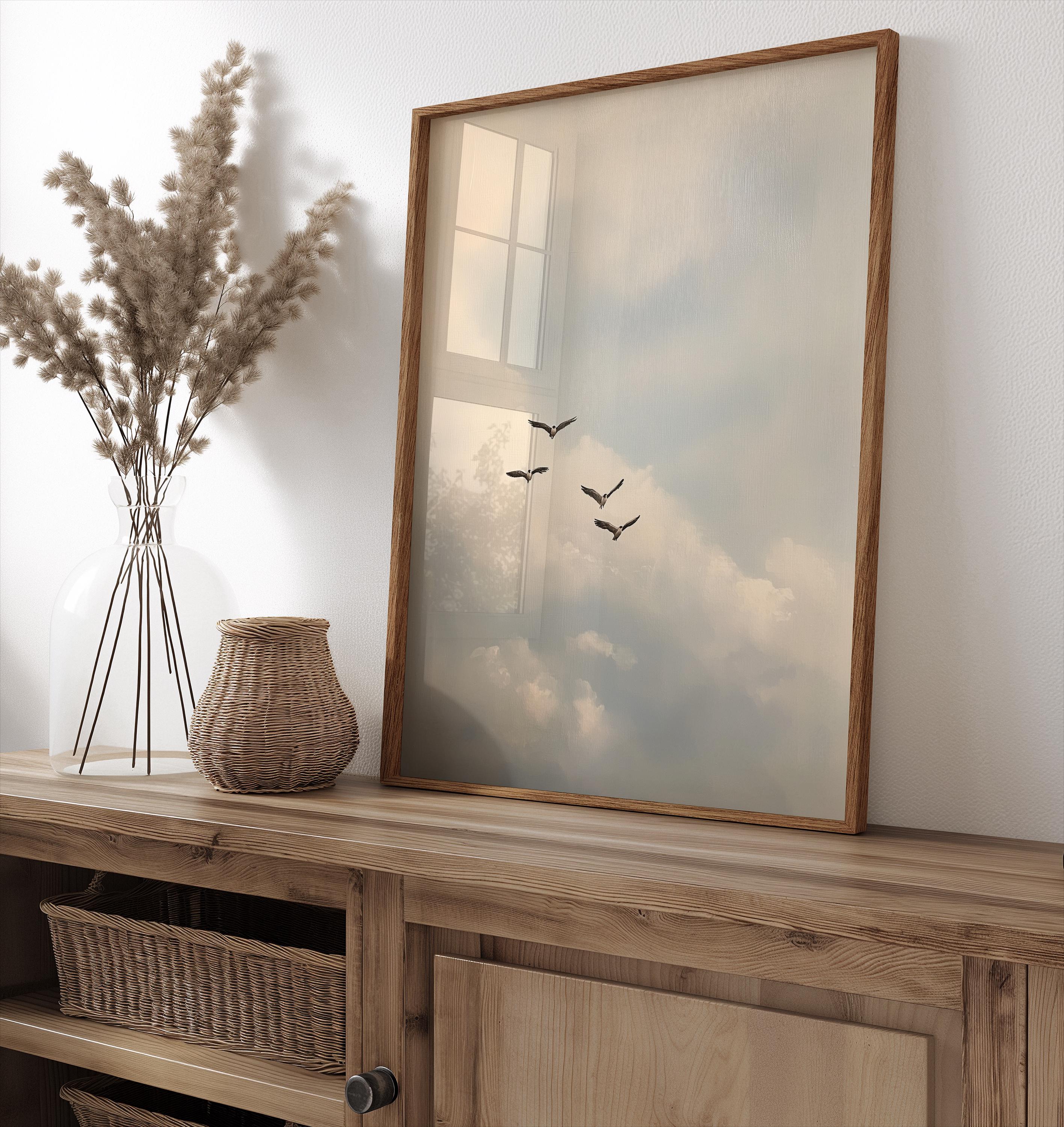 Vintage Birds in Flight Oil Painting Printable Soaring Sky Study Cloud ...