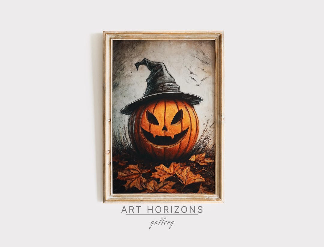Printable Halloween Pumpkin Wall Art Painting Witch Hat Digital ...