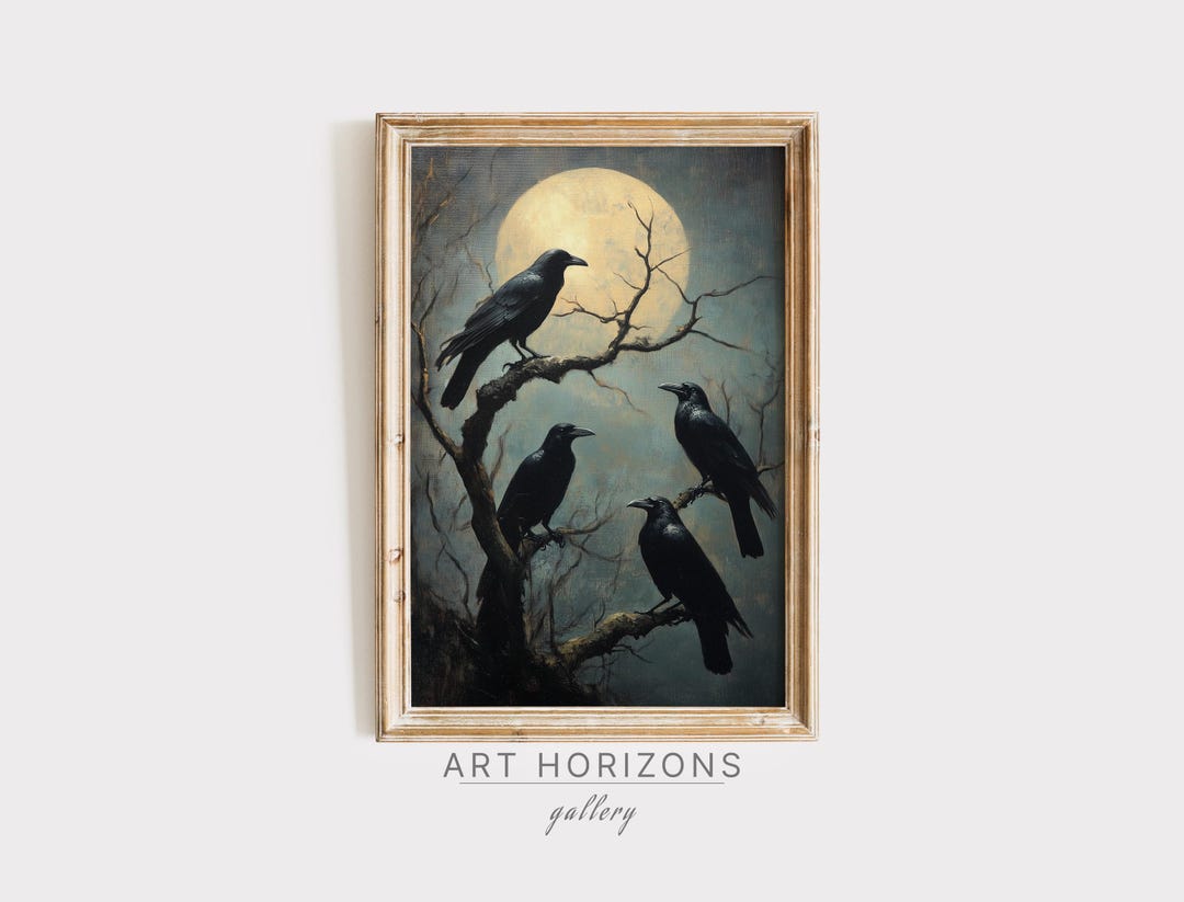 Ravens Full Moon Halloween Printable Wall Art Gothic Dark Nature Scene ...