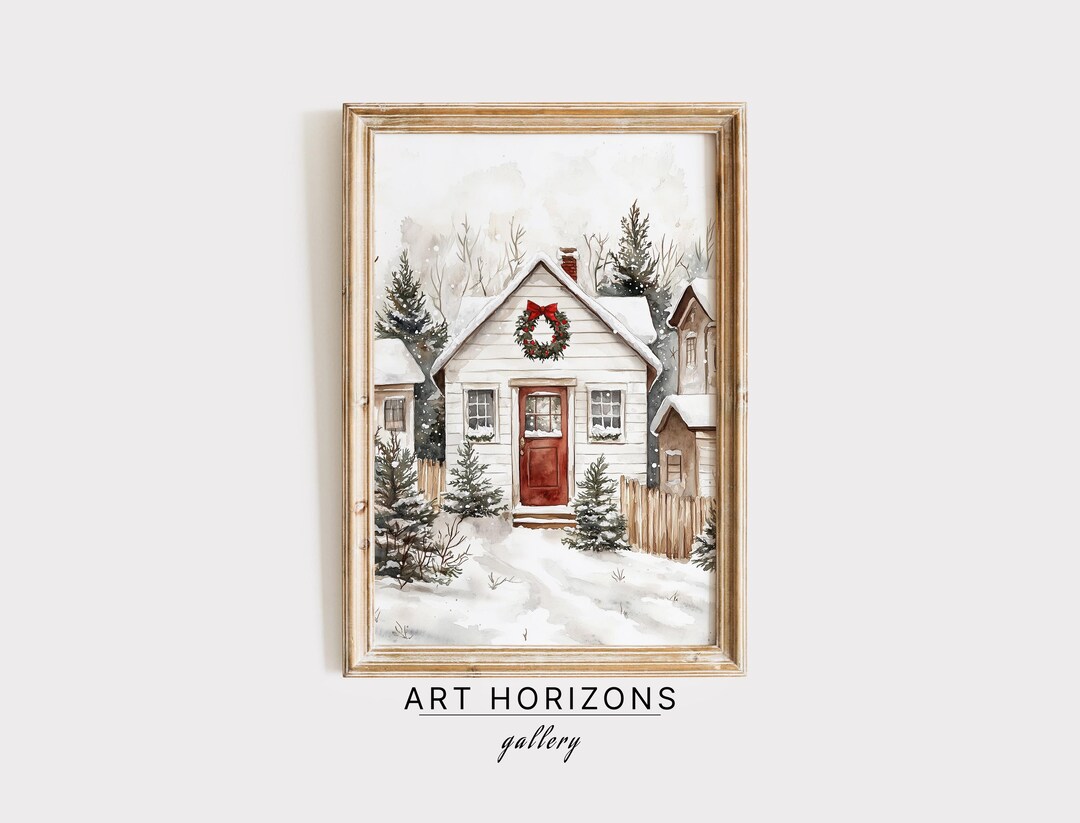 Christmas House Print, Winter Village Holiday Art Decor, Cozy Snowy ...