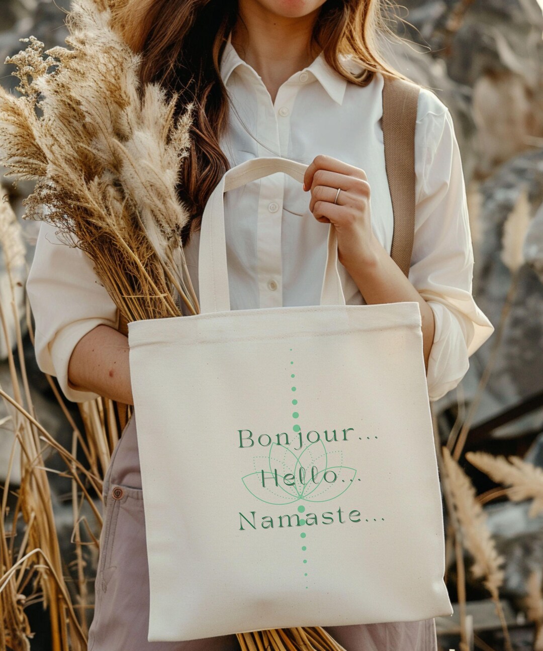 Bonjour Hello Namaste Canvas Tote Bag, Aesthetic Yoga Bag, Asana ...