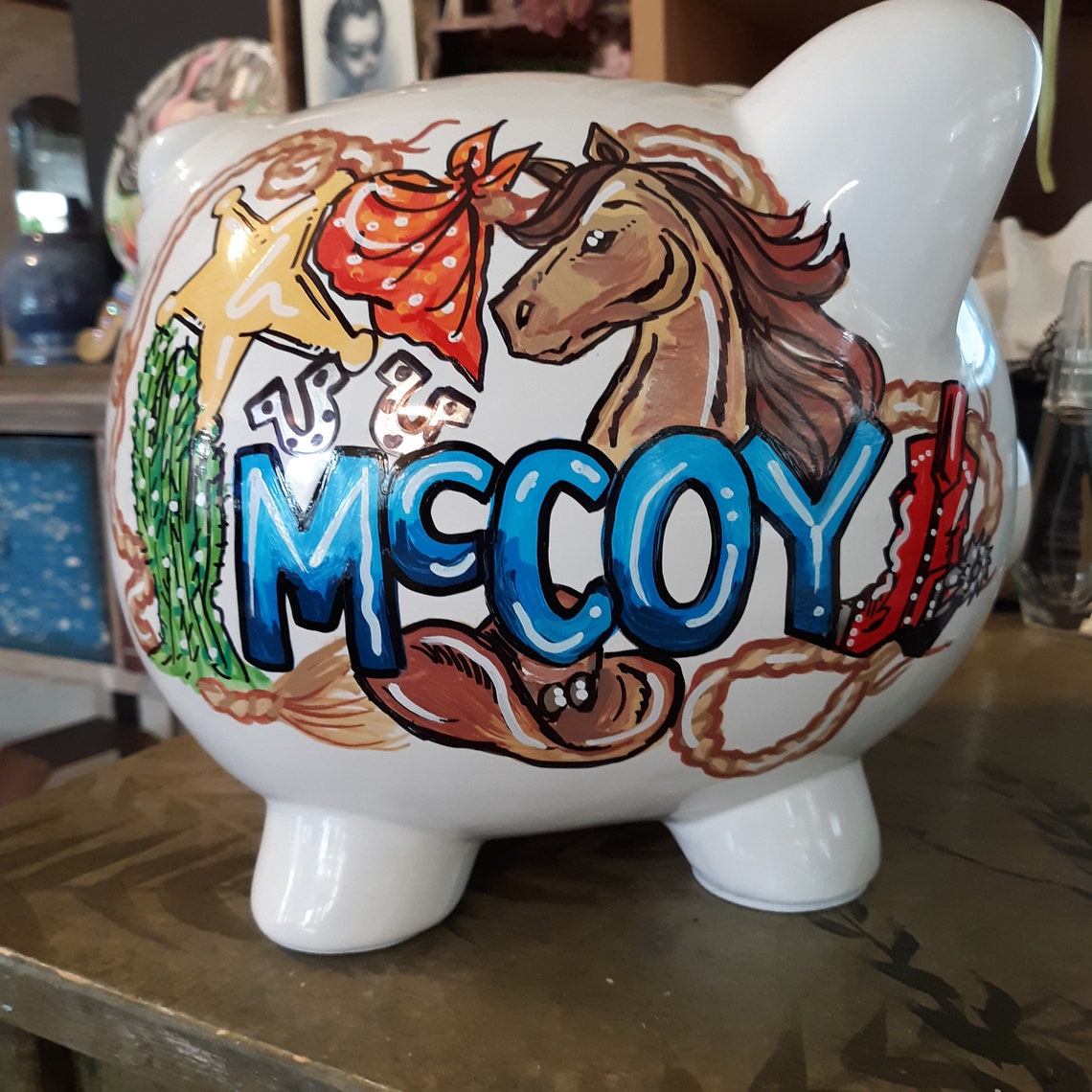 Cowboy Buckaroo Piggy Bank Personalized Handpainted Cowboy Hat Boot ...