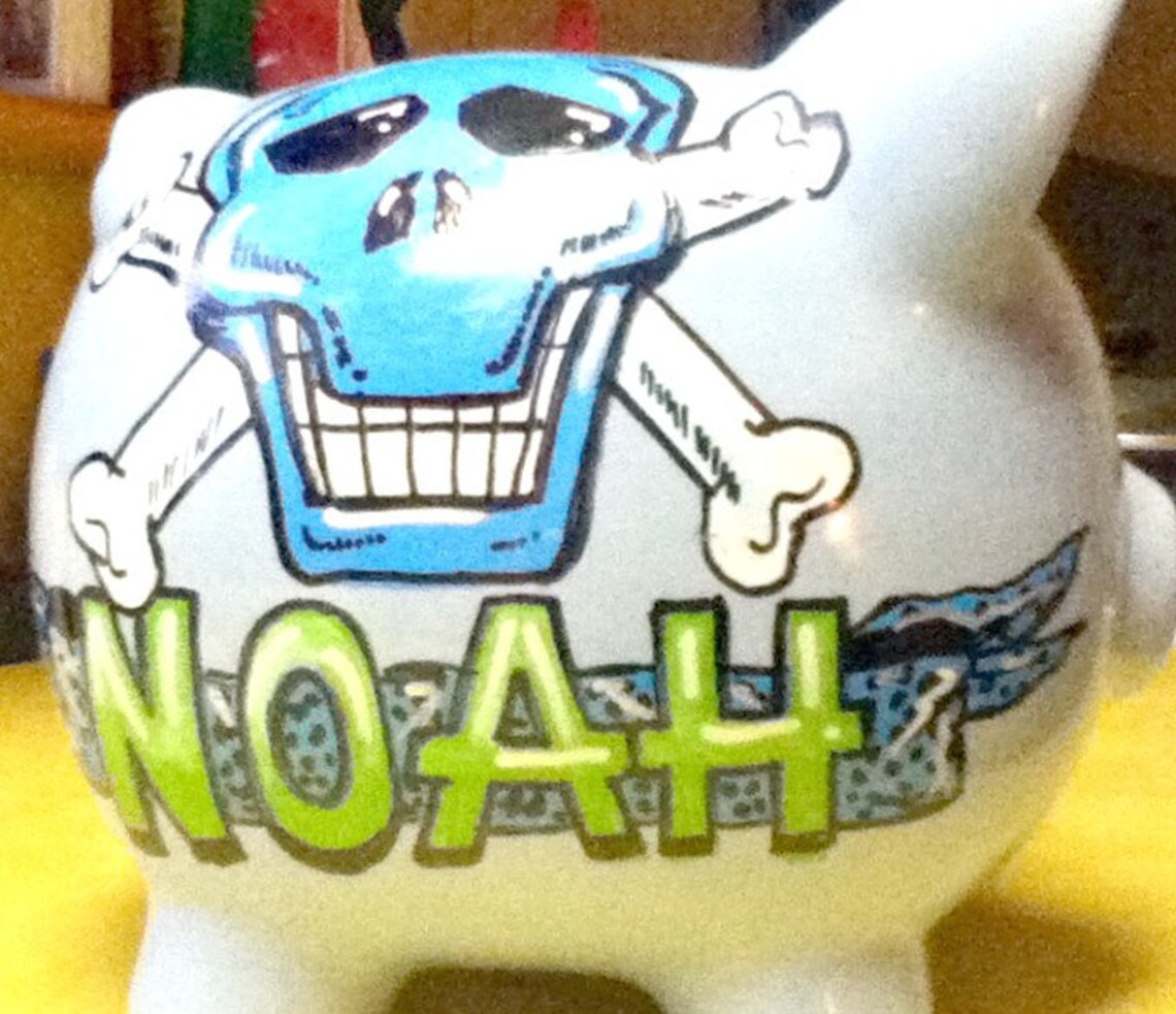 Personalized Piggy Bank Skull and Bones Handpainted - Etsy