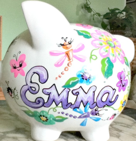 Personalized Piggy Bank Funky Flowers and Butterflies | Etsy