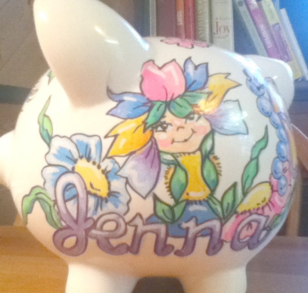 Personalized Piggy Bank Flower Baby Handpainted - Etsy