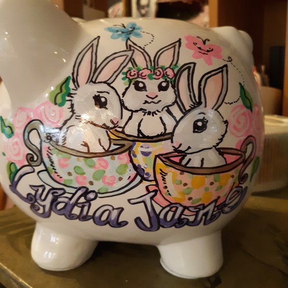 Rabbit Tea Party Piggy Bank Handpainted Personalized Sweet - Etsy