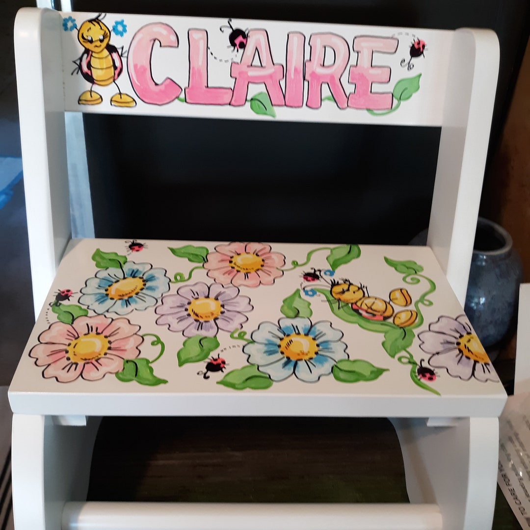 Handpainted Flip Step Stool Pastel Ladybugs Flowers - Etsy