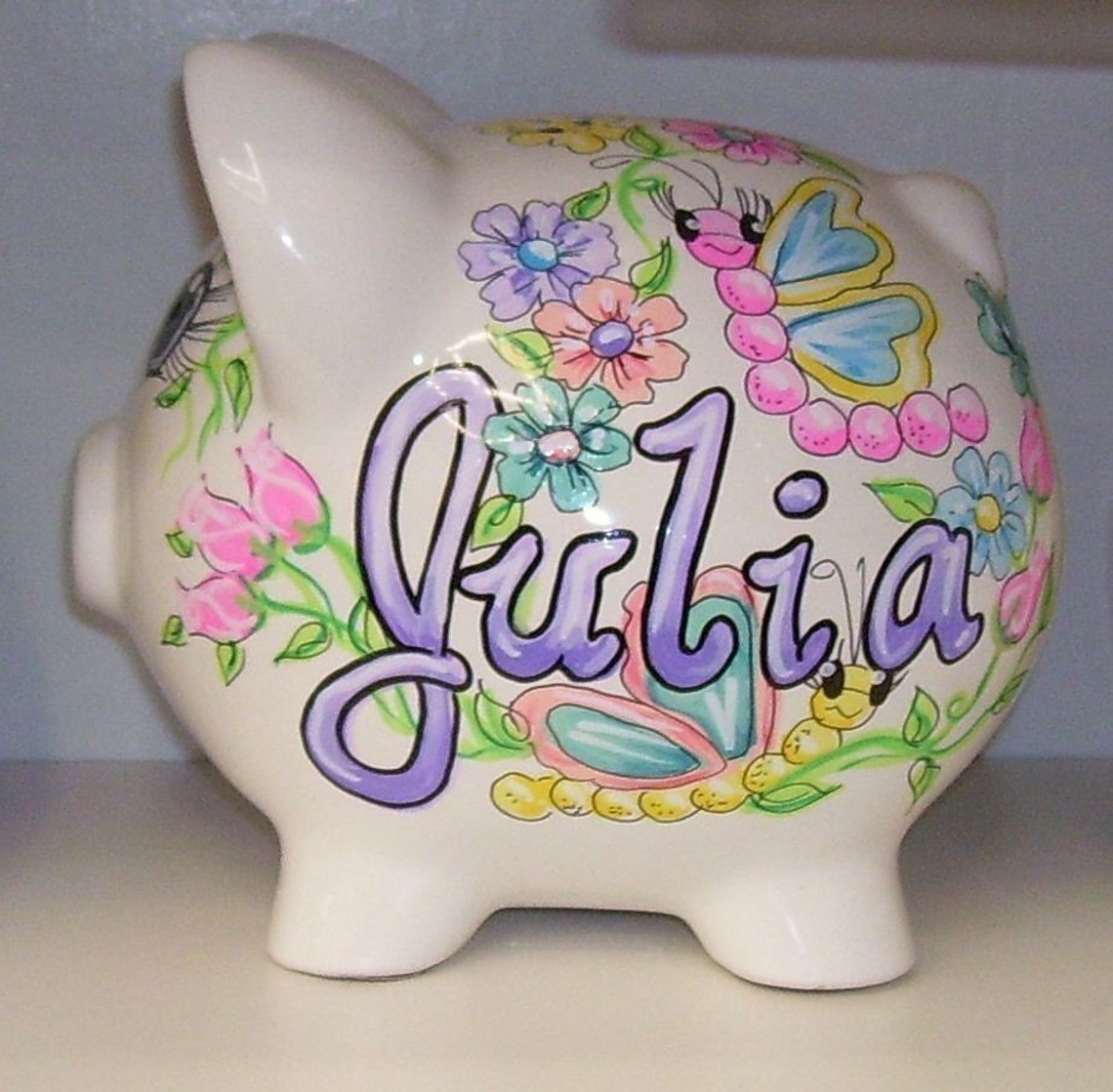 Personalized Piggy Bank flowers and Butterflies Bank - Etsy