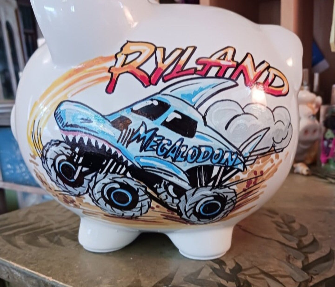 Personalized Piggy Bank Monster Trucks Handpainted - Etsy