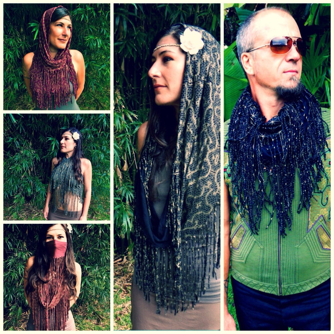 Bamboo White and Gold Shipibo Infinity Scarf Head Scarf Dust Mask Shawl ...