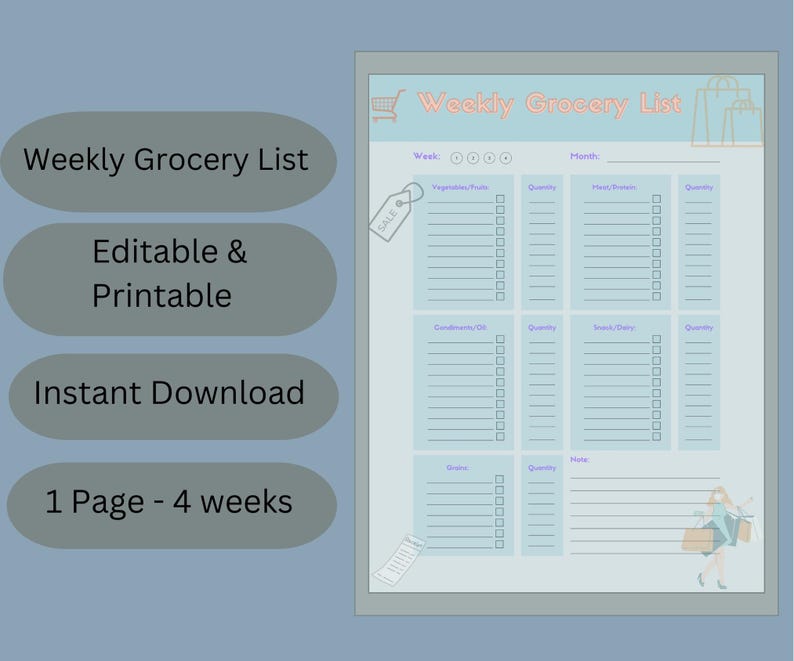 Printable Weekly Grocery List Template Meal Planner Organizer Digital ...