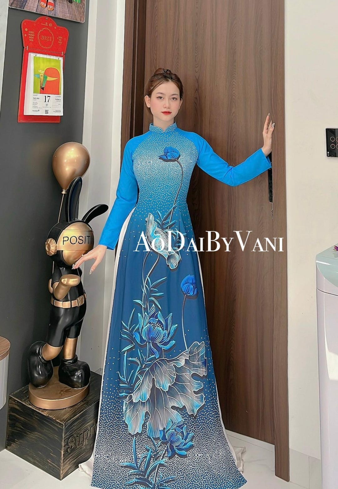 Ao Dai Lua Thai Tuan Blue / Ao Dai Design With Flowers Print ...