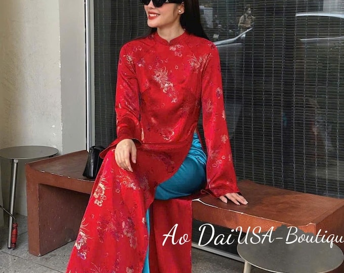 Set Ao Dai Gấm Van so Red Color/ Vietnamese Traditional Long Dress With ...