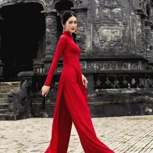 Red Chiffon Ao Dai Set Double Layers With Pants, Traditional Vietnamese ...